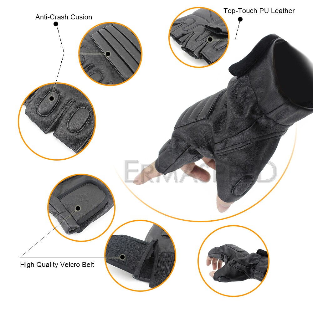 Pair Motorcycle Gloves PU Leather Half Finger Fingerless Retro Summer ...